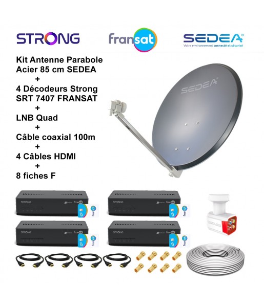 Kit Parabole Acier 85cm Anthracite + LNB Quad HD 4K + 4 Décodeurs SRT ...