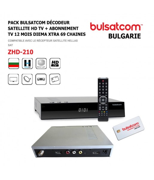 Pack Bulsatcom Décodeur Satellite HD TV ZHD-210 + 12 Mois, 69 chaînes